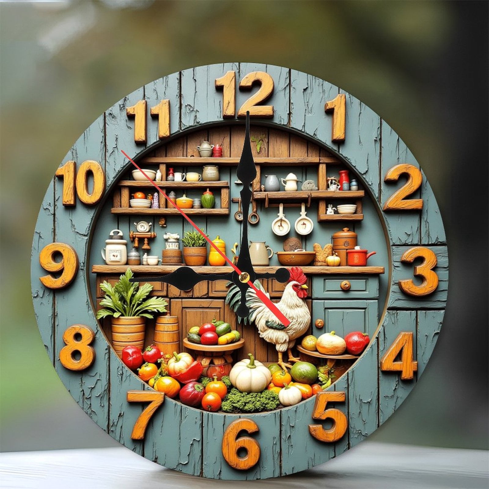 Rustic Kitchen Rooster Farmhouse Wall Clock Decor 10-Inch Silent Wooden ...