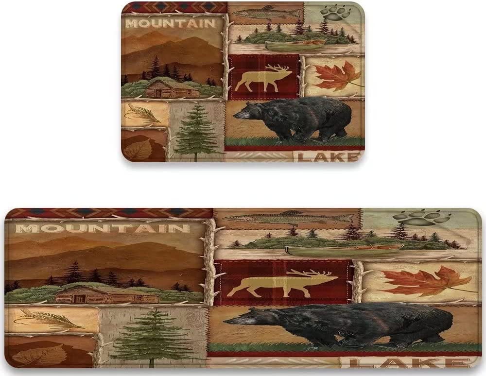 Rustic Kitchen Rug Sets 2 Pieces Maple Leaf Bear Moose Deer Country ...