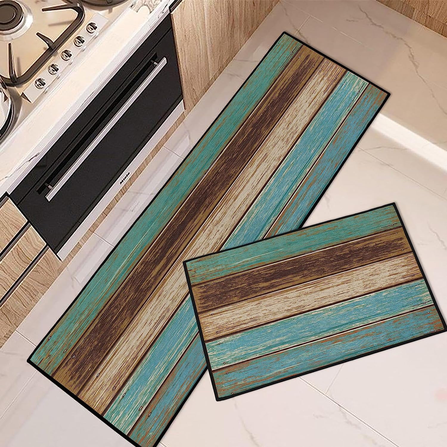 Rustic Kitchen Rugs and Mats Non Skid Washable Set of 2, Teal Country ...