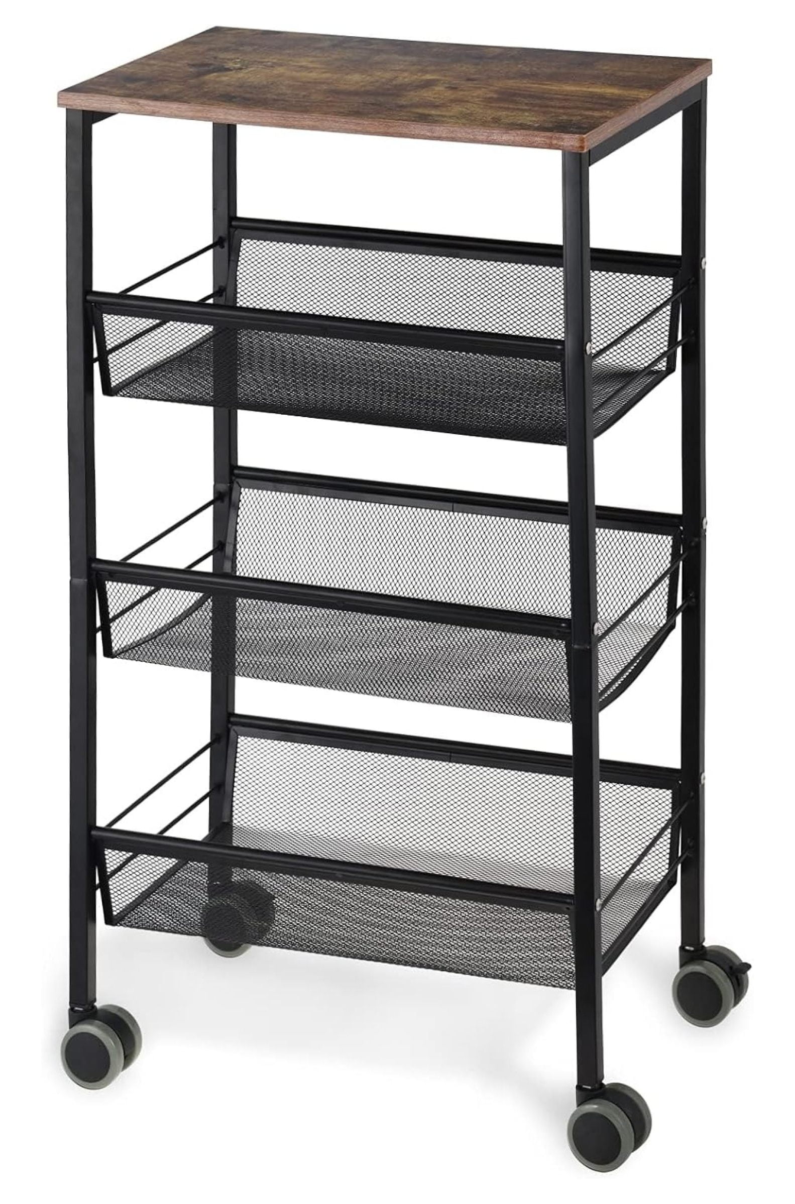 Rustic Kitchen Storage Cart, 4 Tier Kitchen Cart on Wheels, Metal Mesh ...