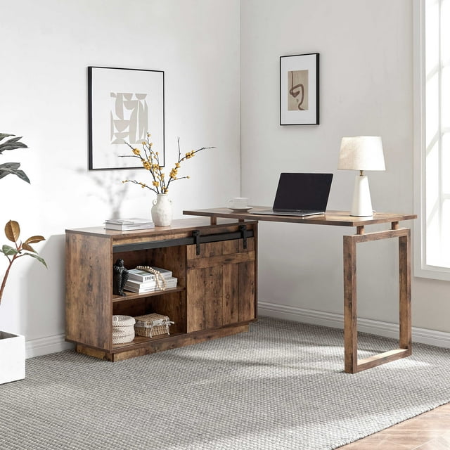 Rustic L-Shaped Desk with Sliding Barn Door and Storage Shelves ...