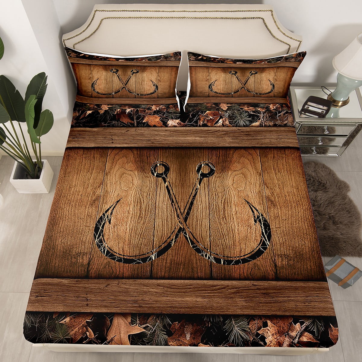 Rustic Lake Cabin Fitted Sheet Farmhouse Fishing Bedding Set Queen Size ...