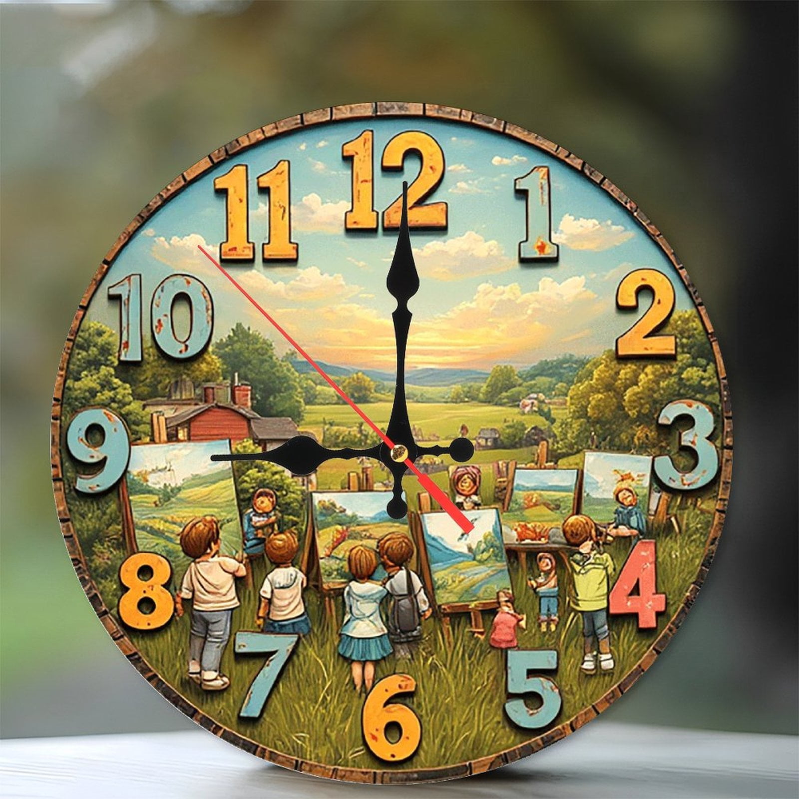 Rustic Landscape Wall Clock Children Painting 10-Inch Silent Wooden ...