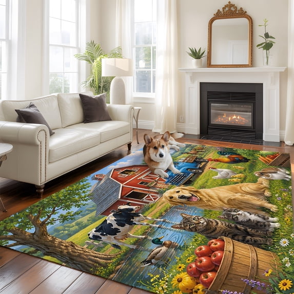 Rustic Large Area Rugs 8x10ft Countryside Red Barn Truck Dog Cat ...