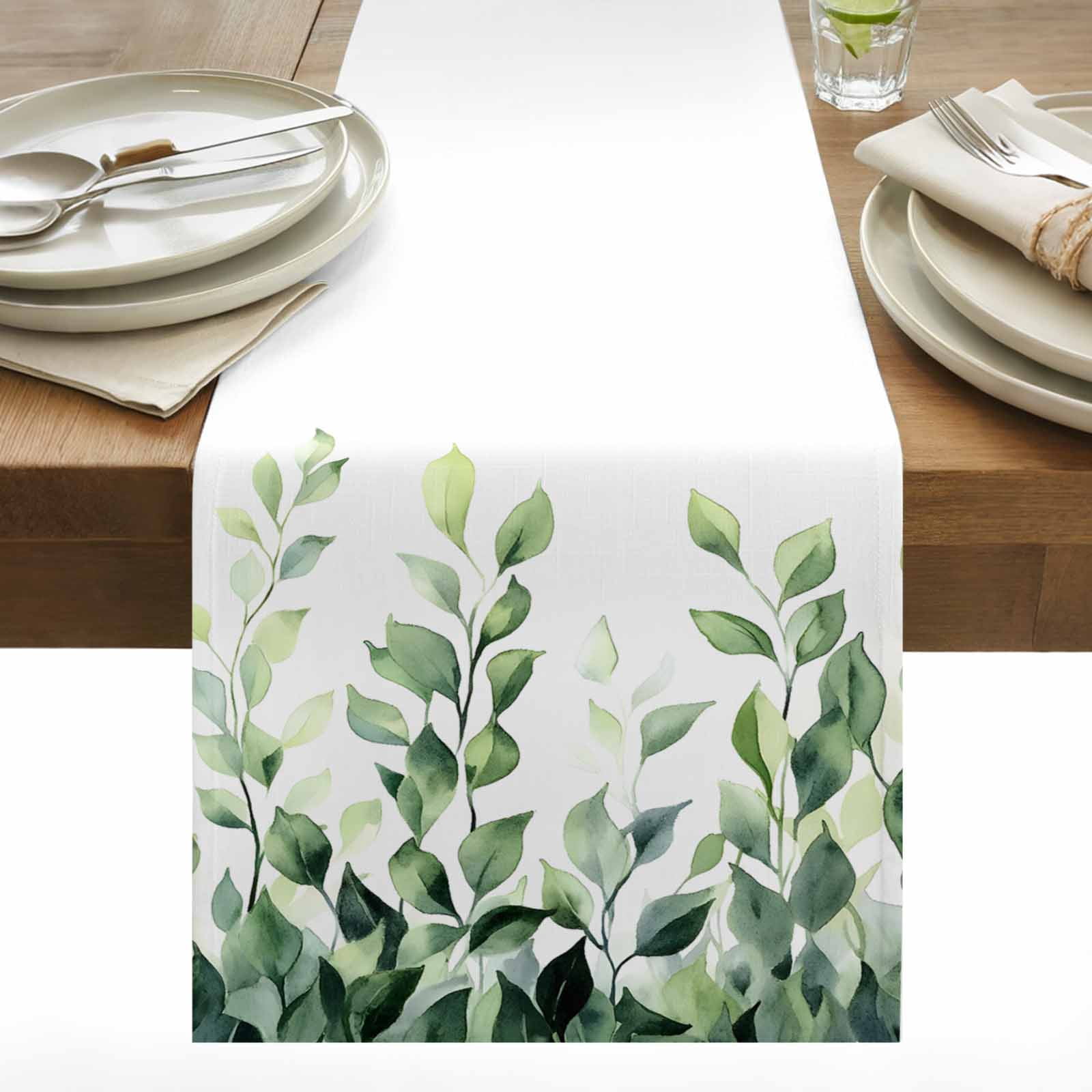 Rustic Leaf Cotton Linen Table Runner Watercolor Sage Green Eucalyptus ...
