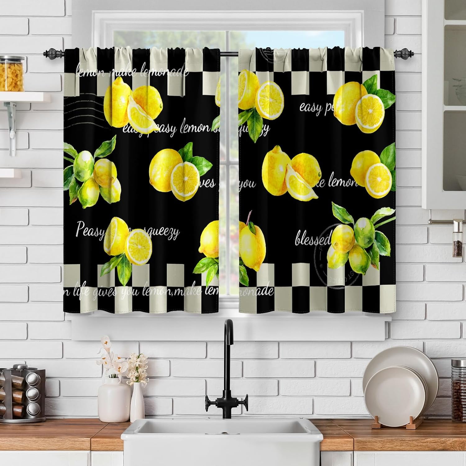 Rustic Lemon Fruit Kitchen Curtains - Vintage Black White Buffalo Plaid ...