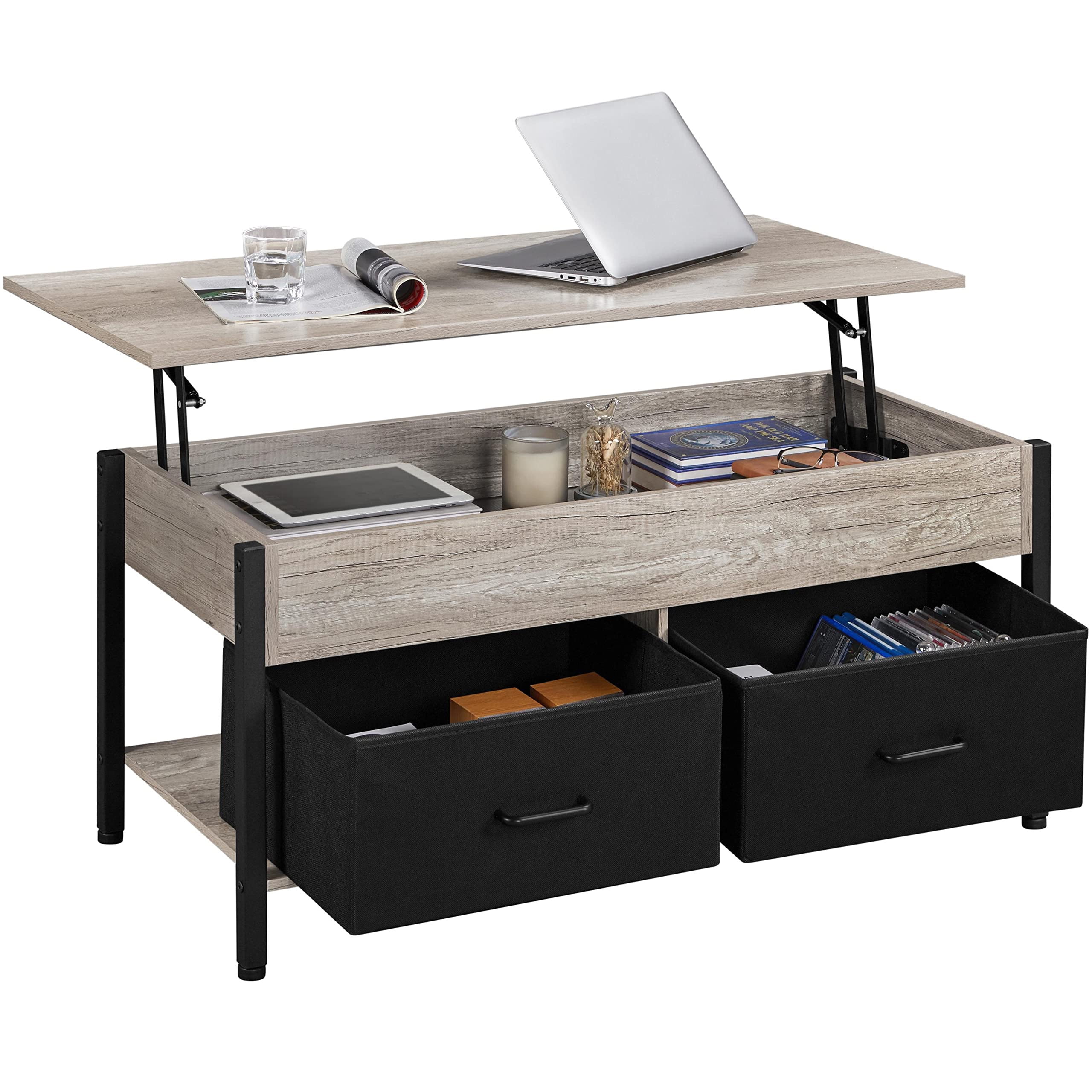 Rustic Lift Top Coffee Table with Storage Compartment, 2 Fabric Baskets ...