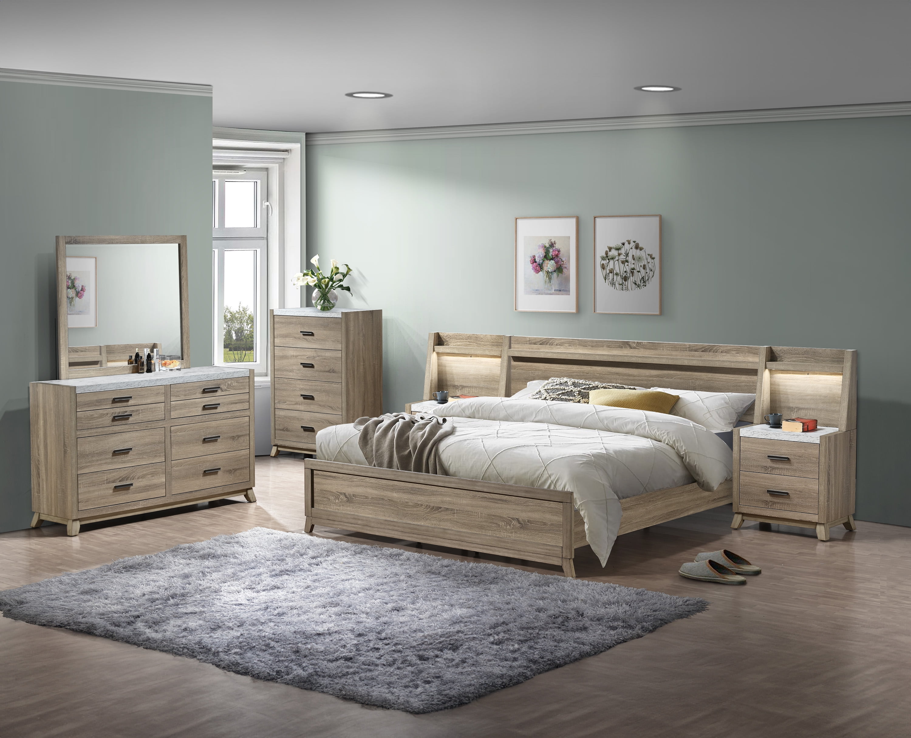 Rustic Light Brown Finish Queen Panel Bed Marble Look 6pc Set Master ...