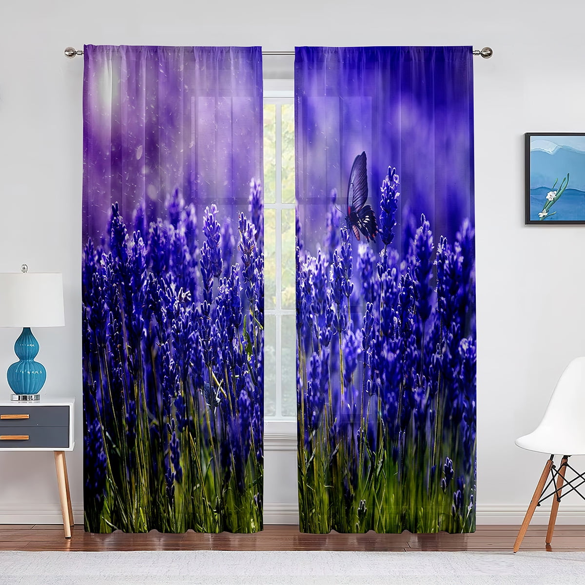 Rustic Lilac Flower Purple Lavender Floral Sheer Curtains for Living ...