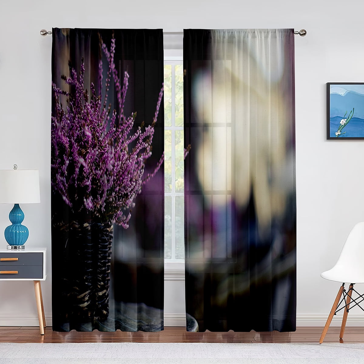Rustic Lilac Flower Purple Lavender Floral Sheer Curtains for Living ...