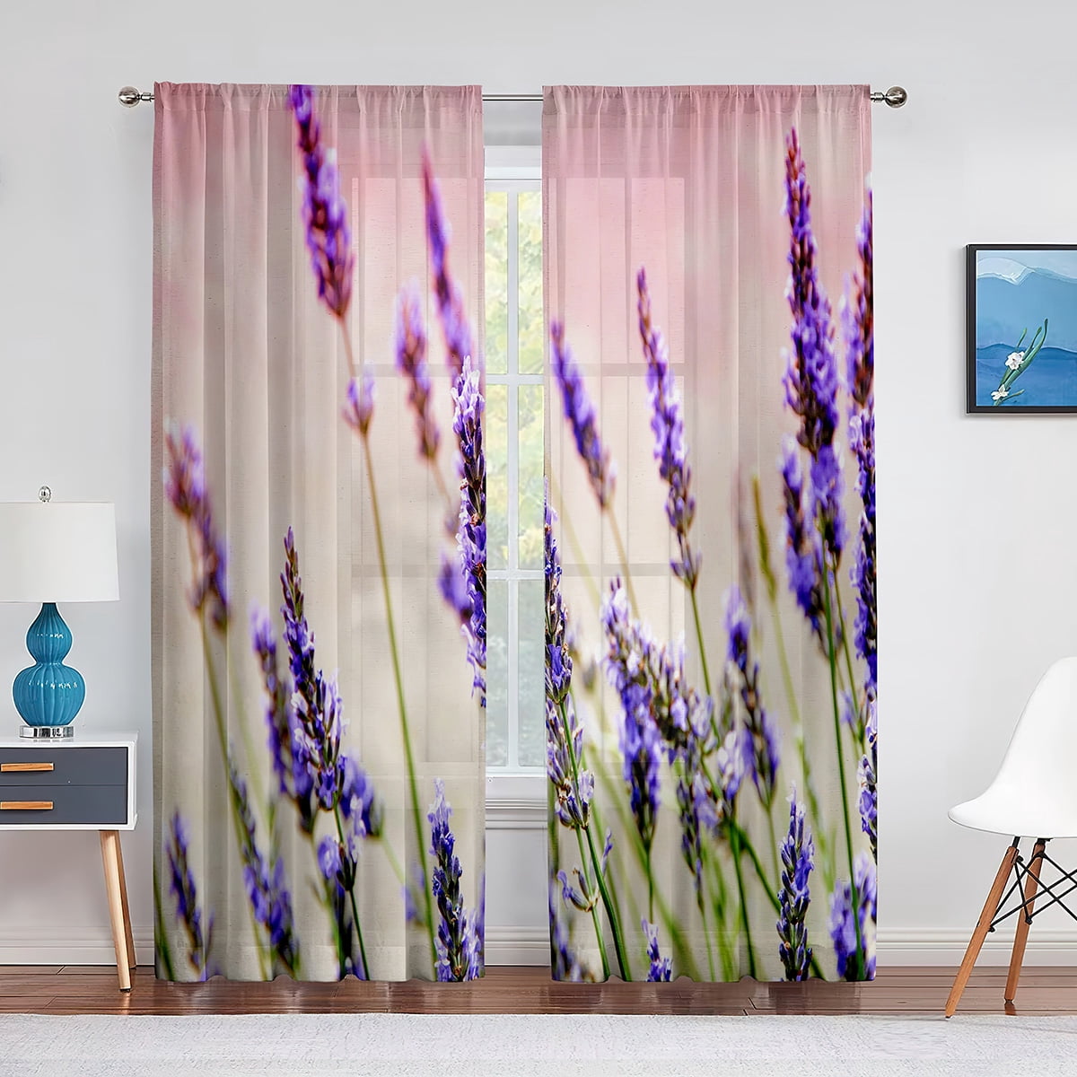 Rustic Lilac Flower Purple Lavender Floral Sheer Curtains for Living ...