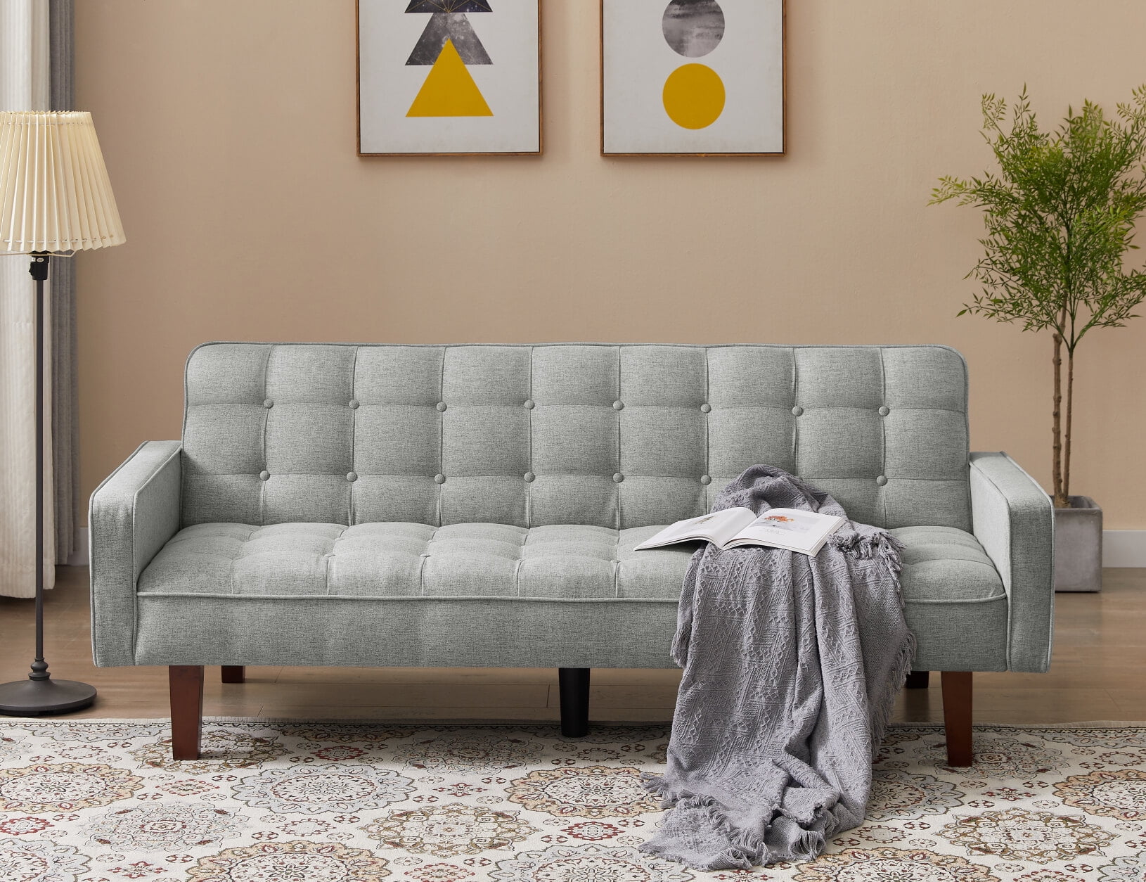 Rustic Linen Fabric Convertible Sofa, Button Tufted Sofa Bed with ...