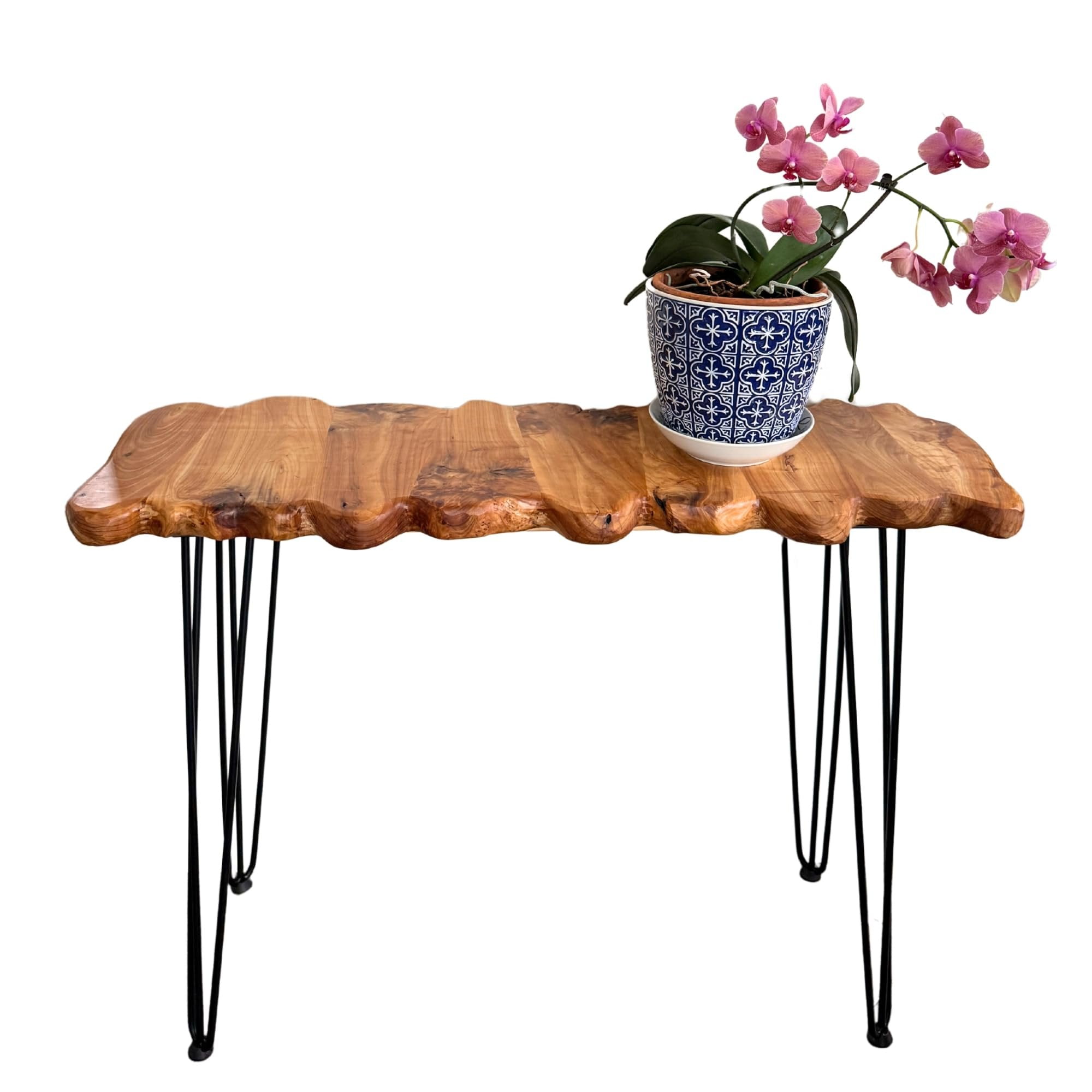 Rustic Live Edge Wood Bench Table Unique Natural Wood with Metal ...