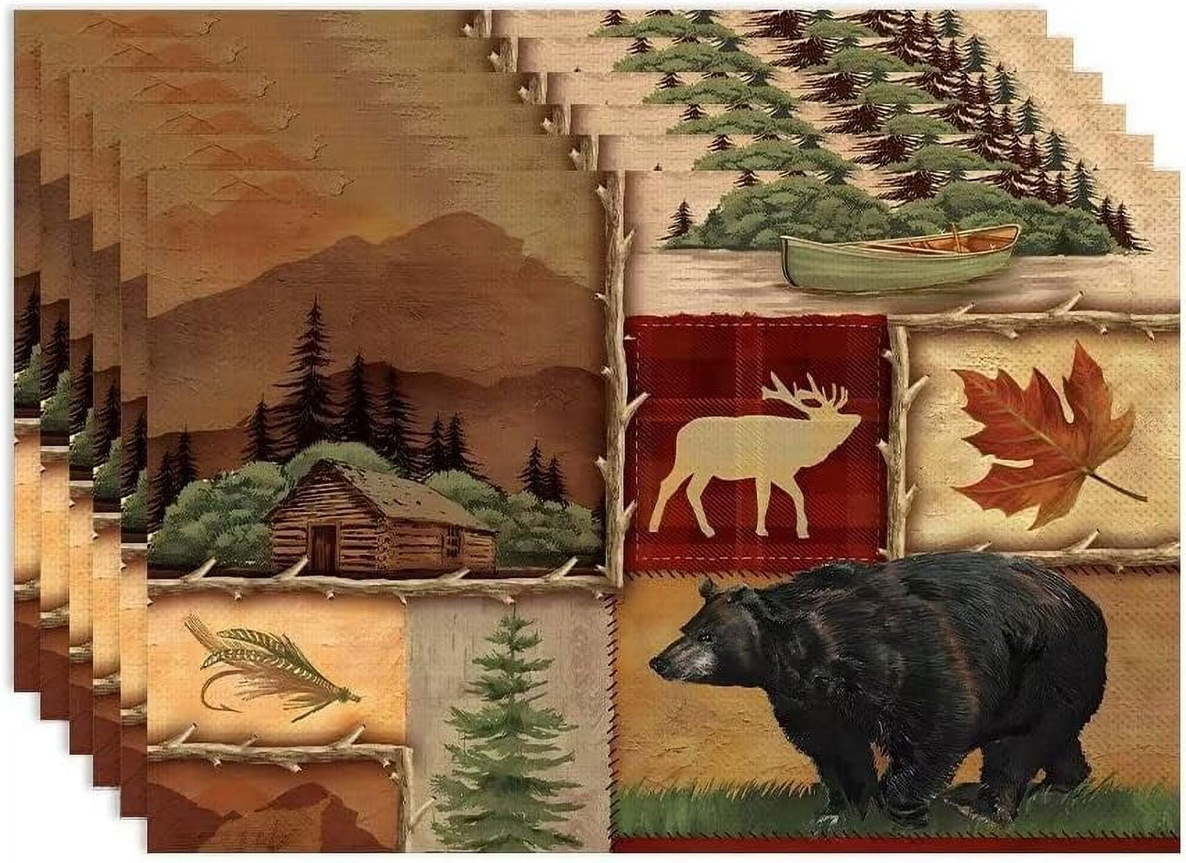 Rustic Lodge Bear Moose Deer Placemats Set of 6, Vintage Cabin Pine ...