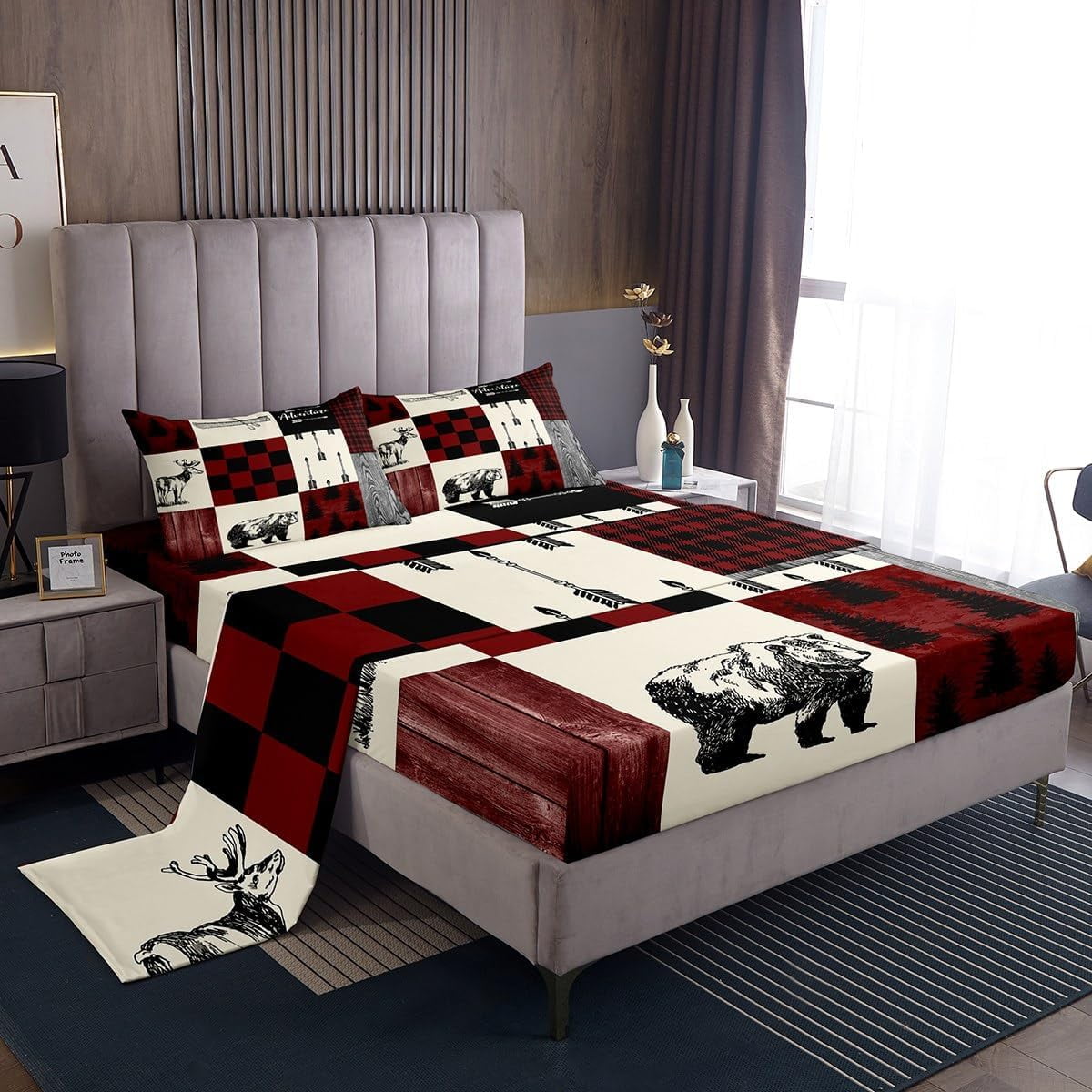Rustic Lodge Bear Moose Deer Sheet Set King,Patchwork Red Black Buffalo ...