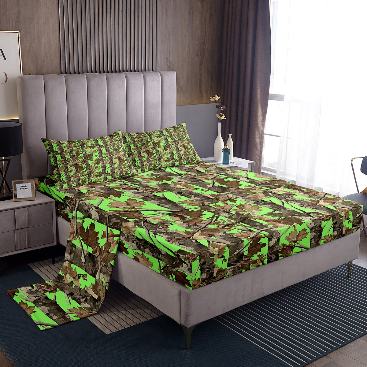 Rustic Lodge Bed Sheet 4 Piece,Farmhouse Woods Green Camouflage Camo ...