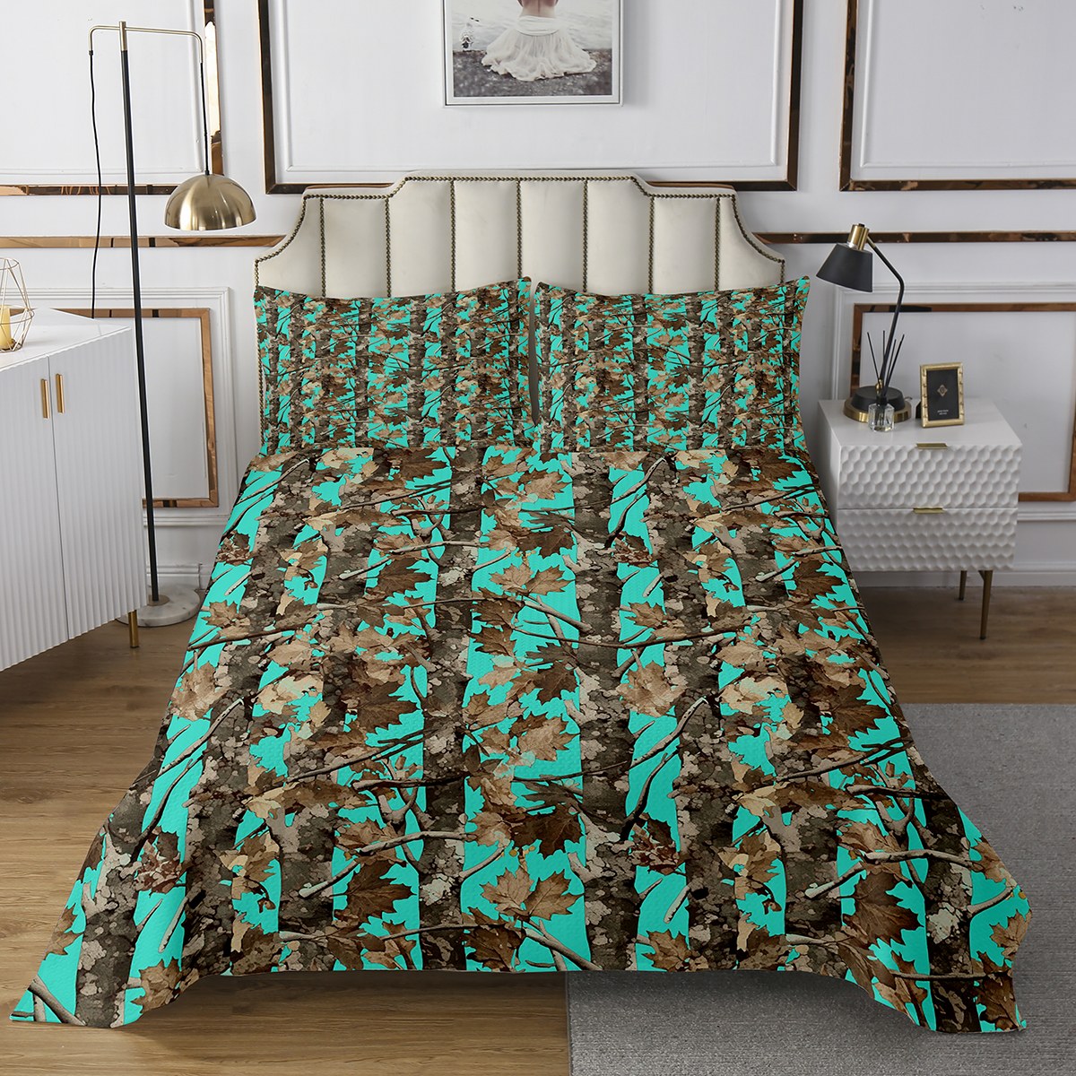Rustic Lodge Bedspread Twin Size Farmhouse Woods Teal Camouflage Camo Bedding Teens Bedroom ...