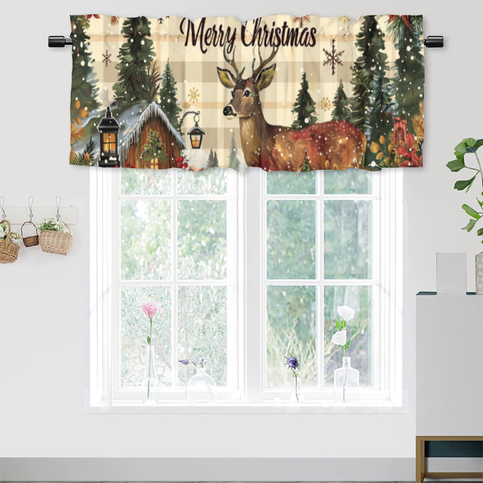 Rustic Lodge Christmas Deer Curtain Valances for Kitchen Winter Elk ...