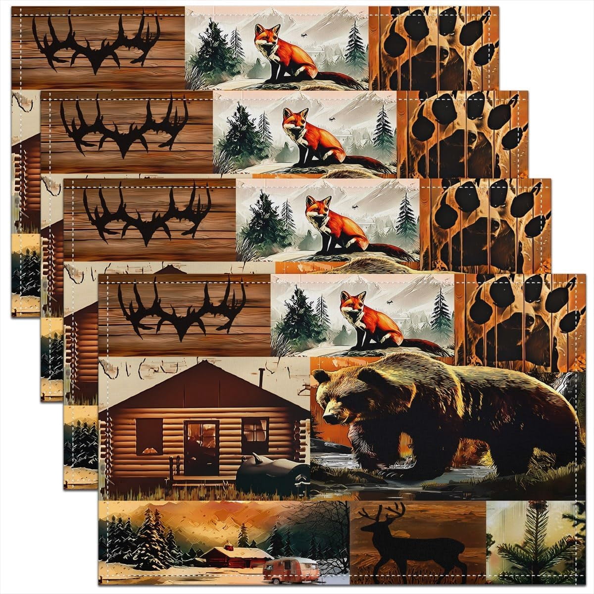 Rustic Lodge Placemats 12x18 inch Set of 4 Bear Deer Fox Cabin Place ...
