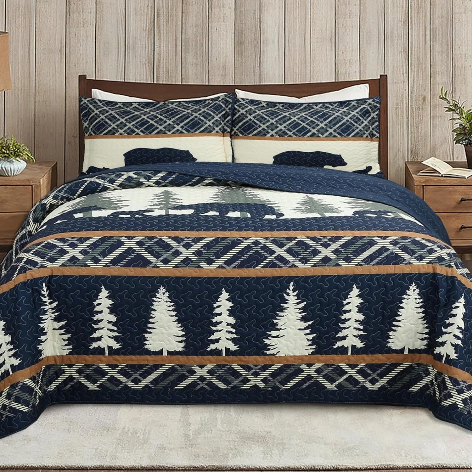 Rustic Lodge Quilt Set with Matching Pillow Shams, Cabin-Themed ...