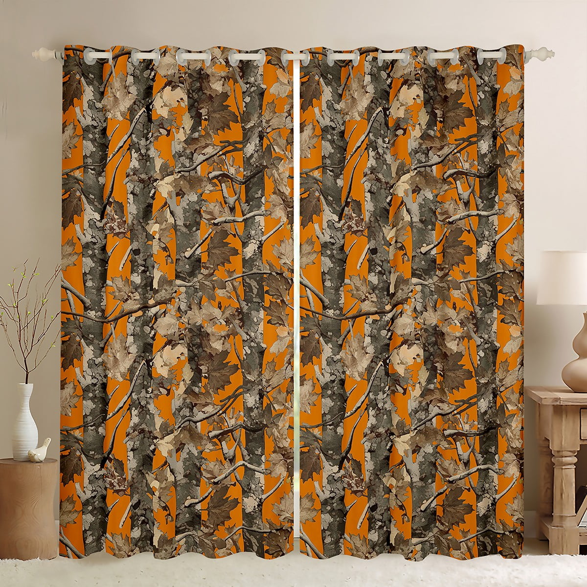 Rustic Lodge Window Drapes,Farmhouse Woods Orange Camouflage Camo ...