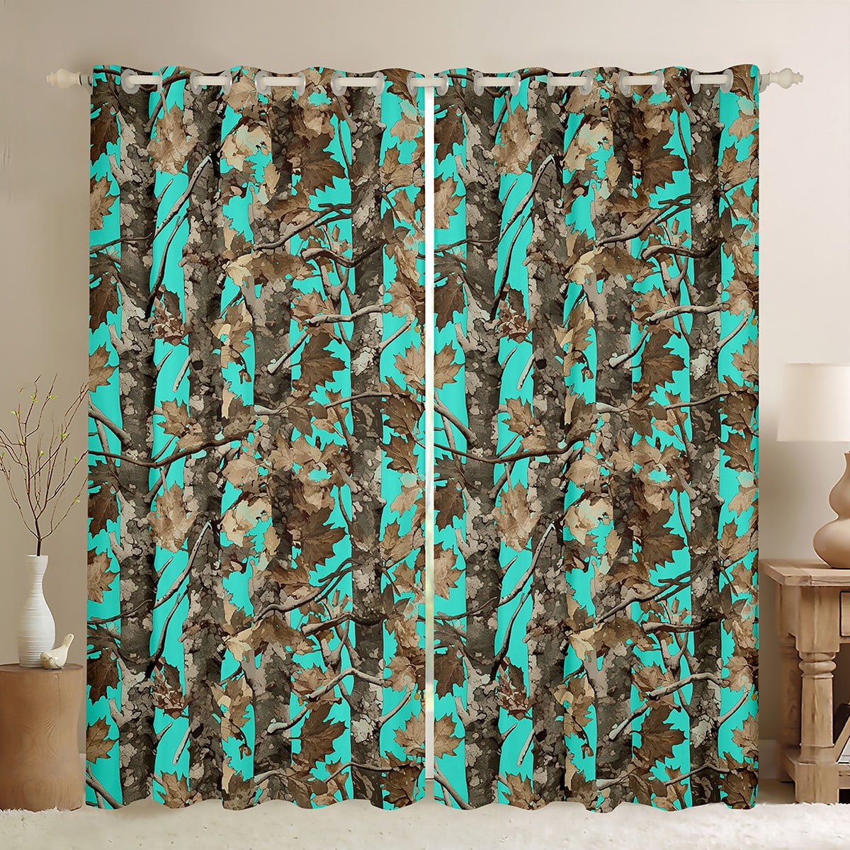 Rustic Lodge Window Drapes,Farmhouse Woods Teal Camouflage Camo Window ...