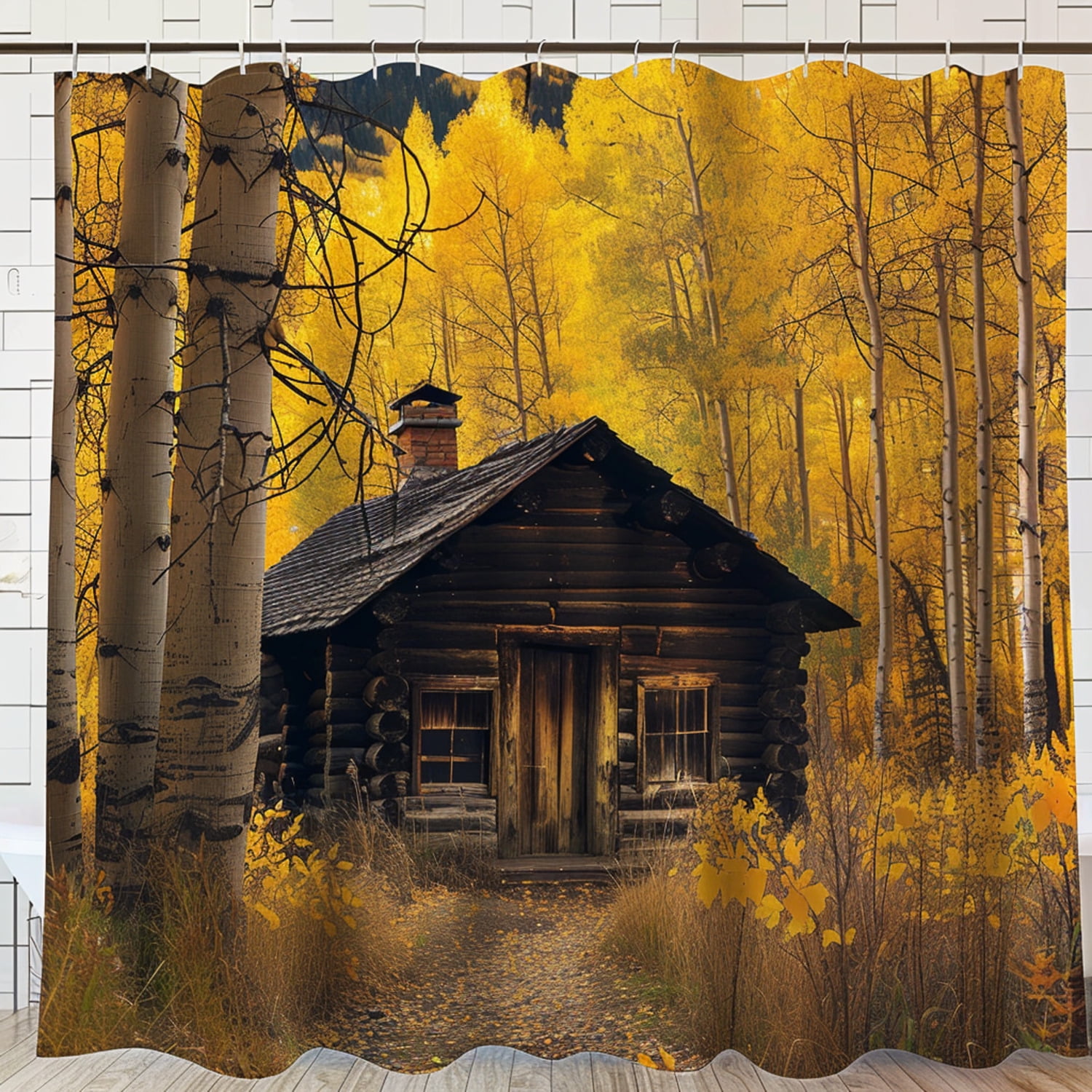 Rustic Log Cabin Autumn Forest Shower Curtain - Aspen Tree Nature Photo ...