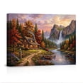 Rustic Log Cabin Mountain Waterfall Autumn River Landscape USA Made ...