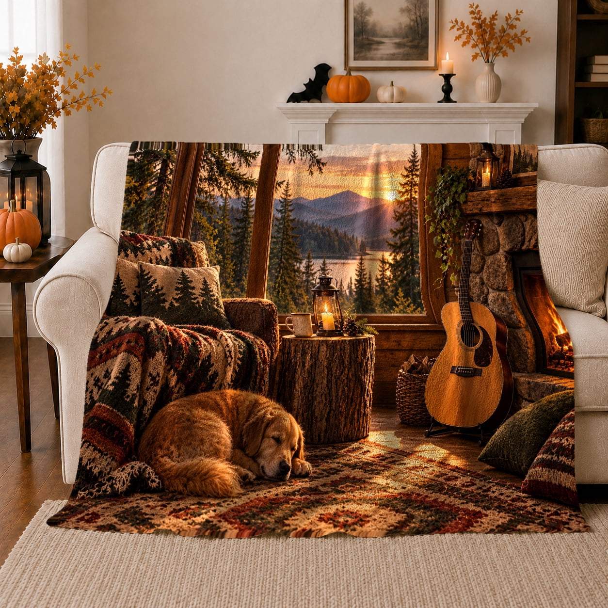 Rustic Log Cabin Sunset Lake View Golden Retriever, Cozy Pet Portrait ...