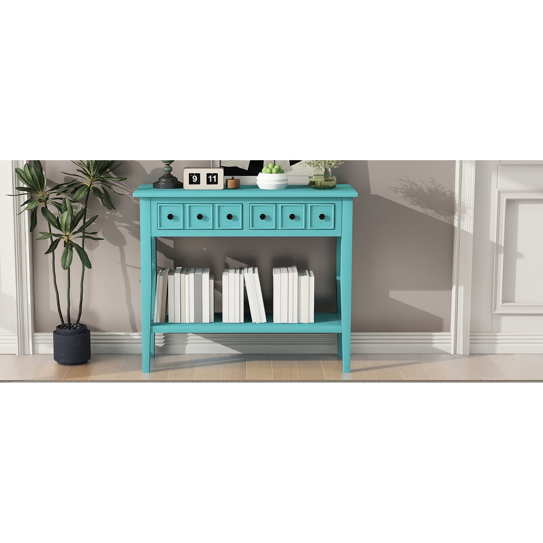 Rustic MDF & Rubber Wood Console Table with Drawers and Open Shelf ...