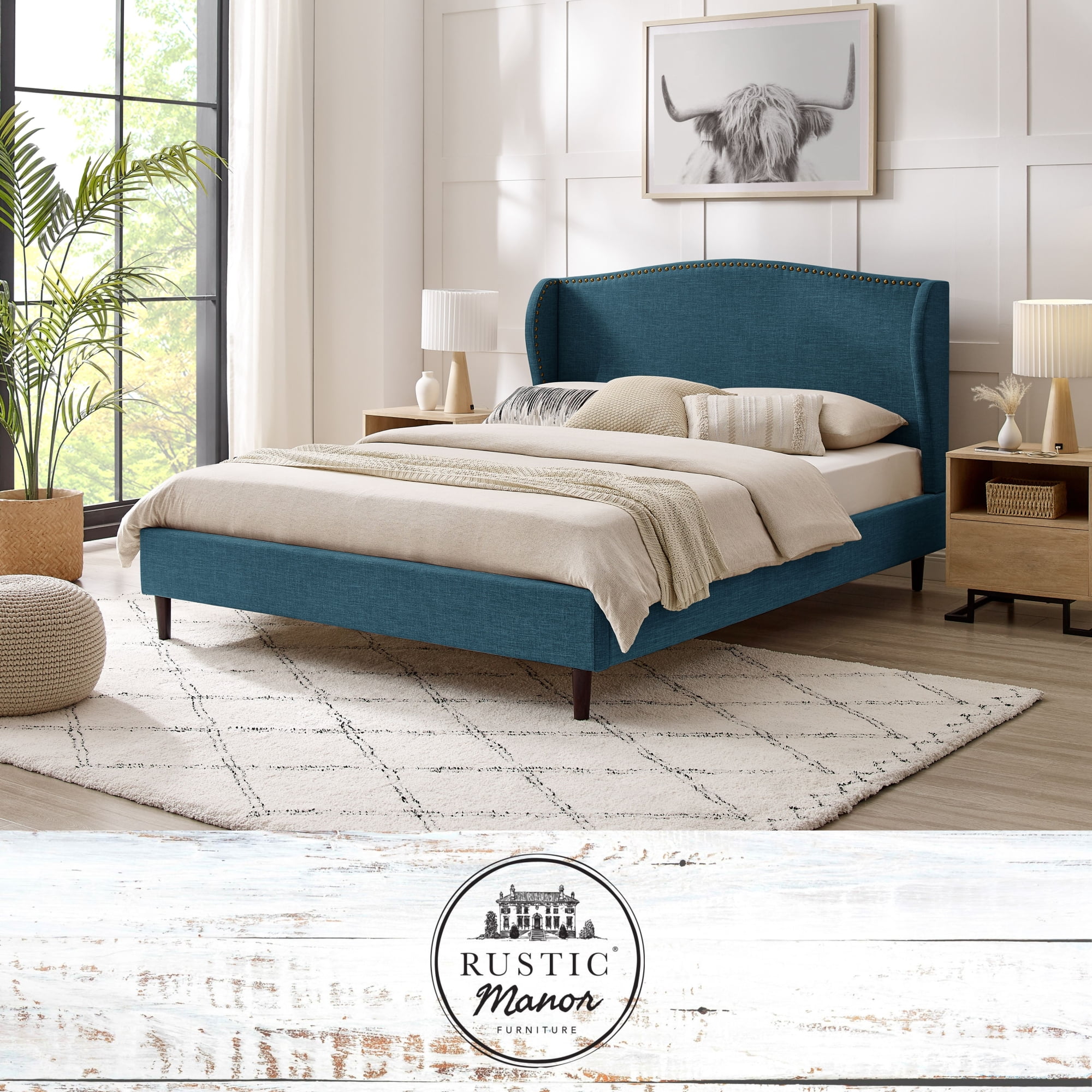 Rustic Manor Eloisa Linen Upholstered Platform Bed Queen Size, Navy - Walmart.com