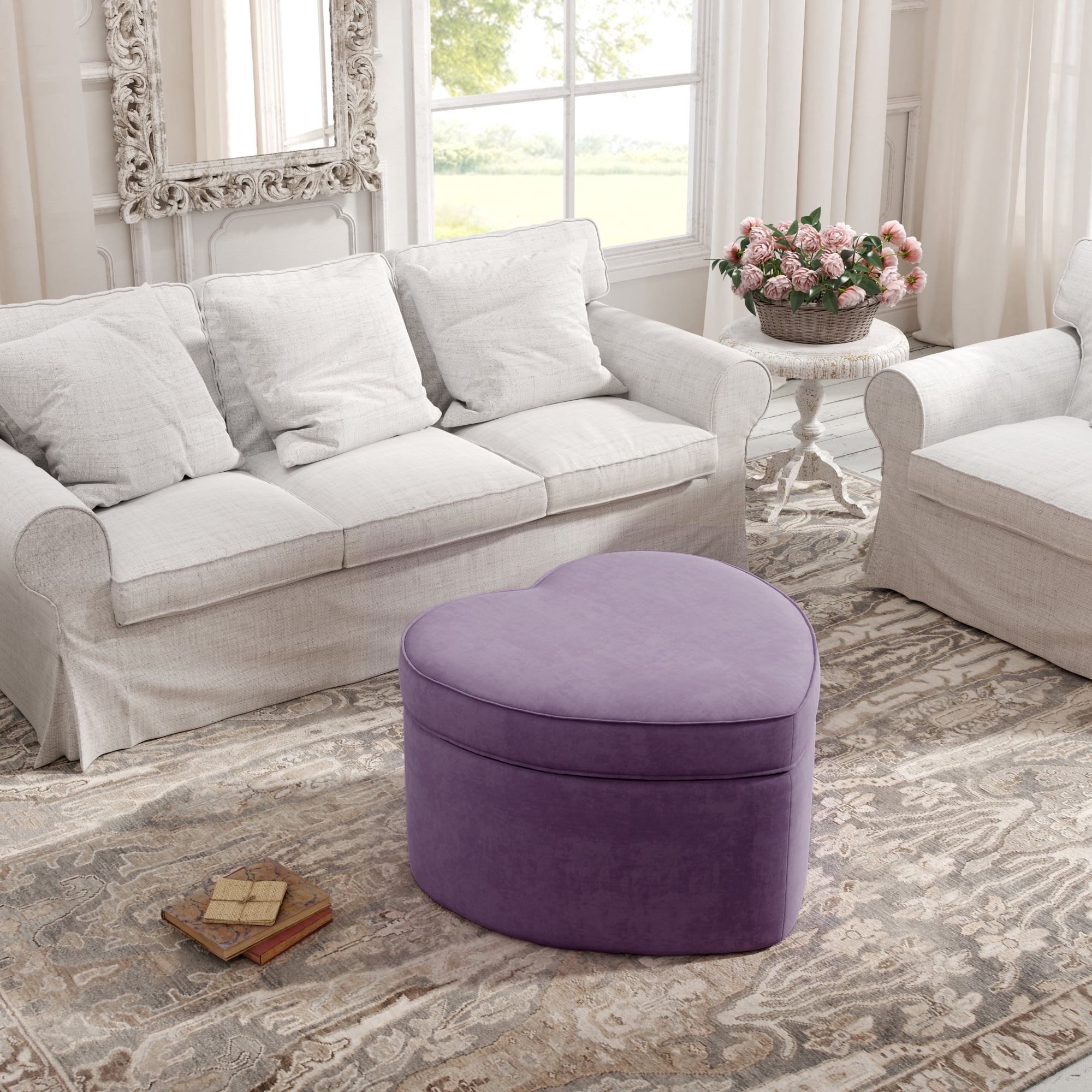 Rustic Manor Kristina Velvet Heart Shaped Storage Ottoman, Purple ...