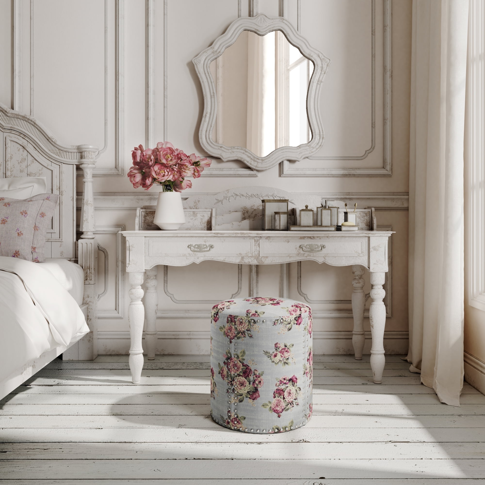 Rustic Manor Thayer Printed Linen Ottoman with Nailhead Trim, Manor ...
