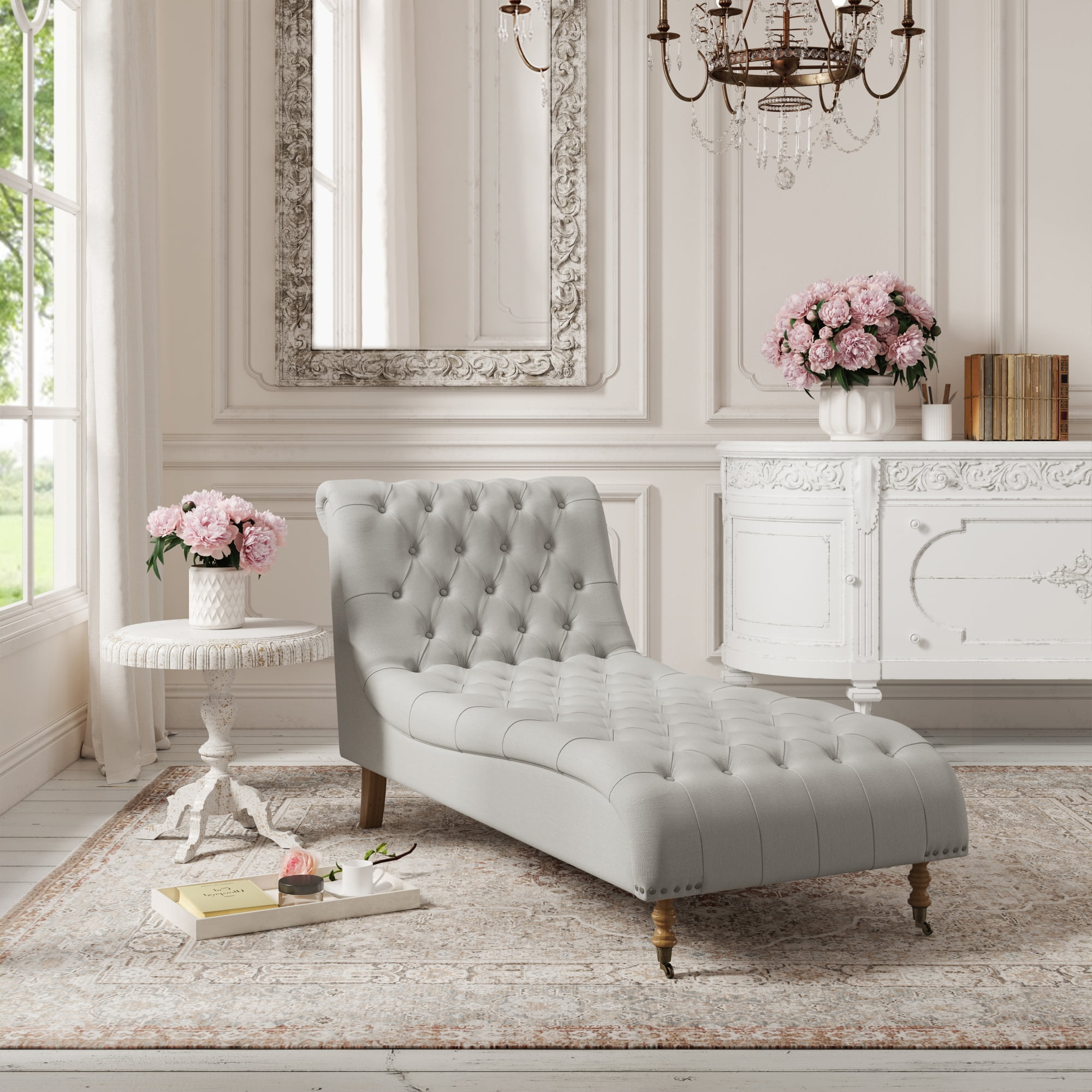 Rustic Manor Traver Rectangular Linen Tufted Chaise Plywood Lounge Wheel Caster, Cream White ...