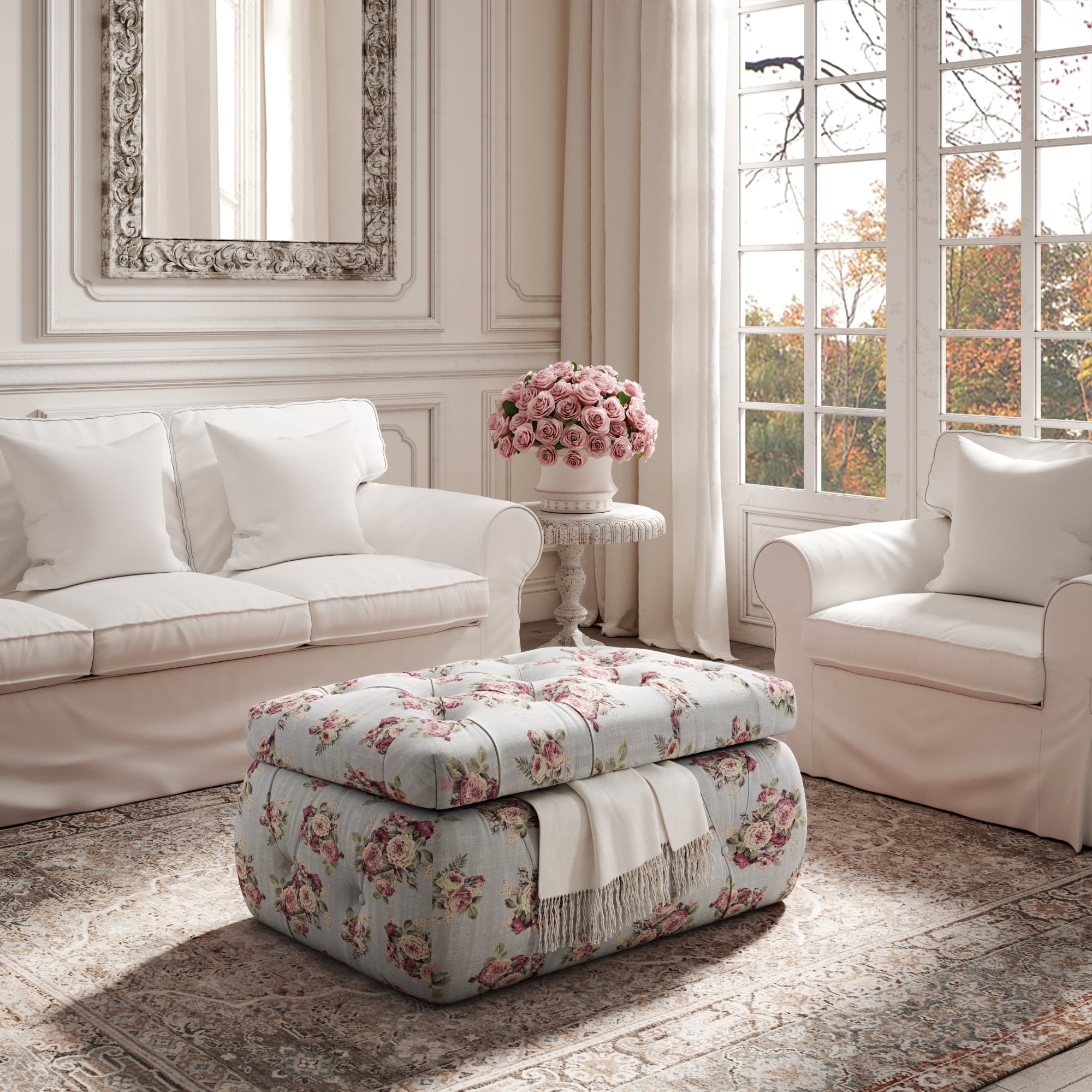 Farmhouse Rustic Manor Tremblay Storage Ottoman: Button Tufted Linen ...