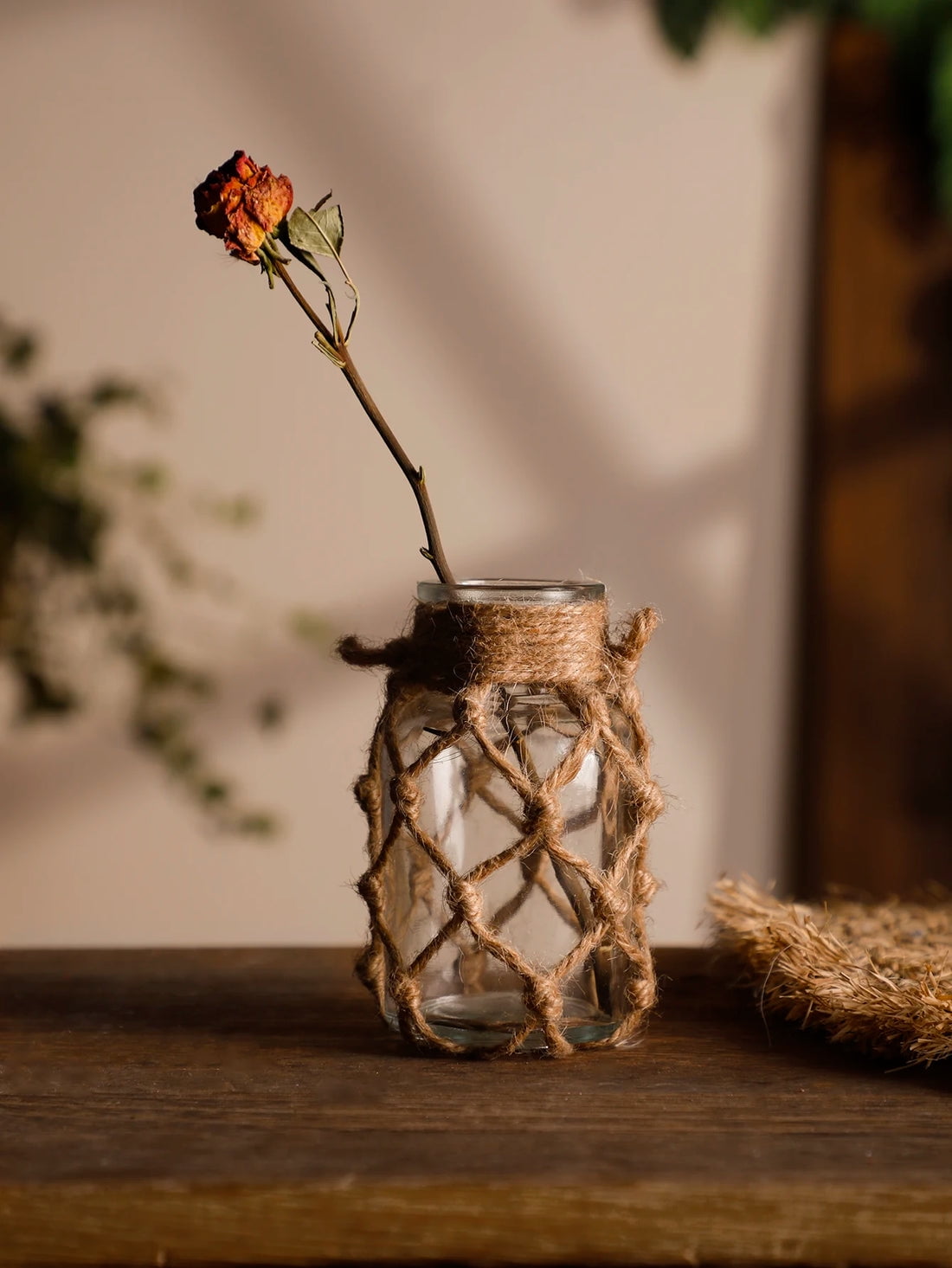 Rustic Mason Jar with Hand Woven Hemp Rope Handle - Decorative Hanging ...