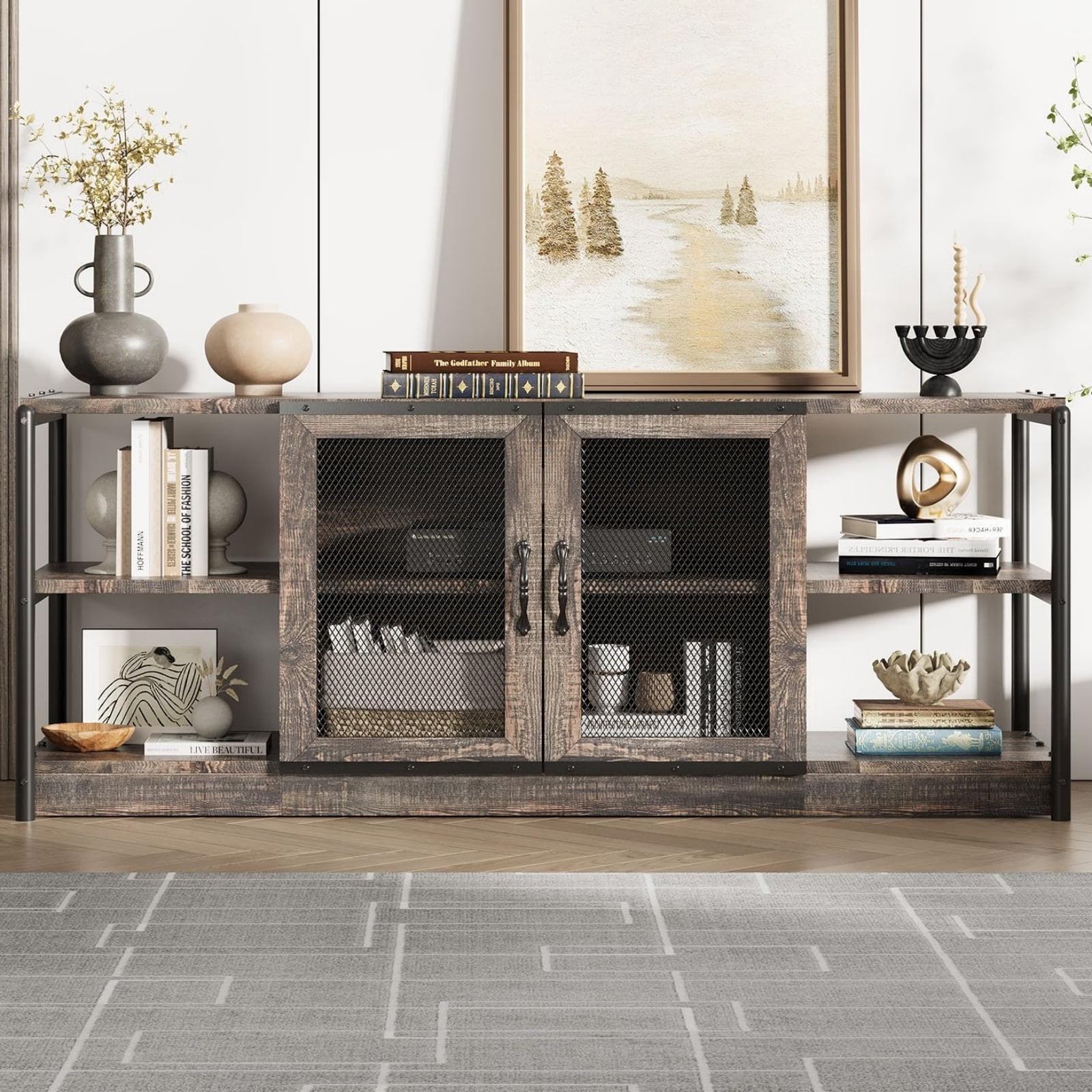 Rustic Media Console with Mesh Door and Shelves, Industrial ...