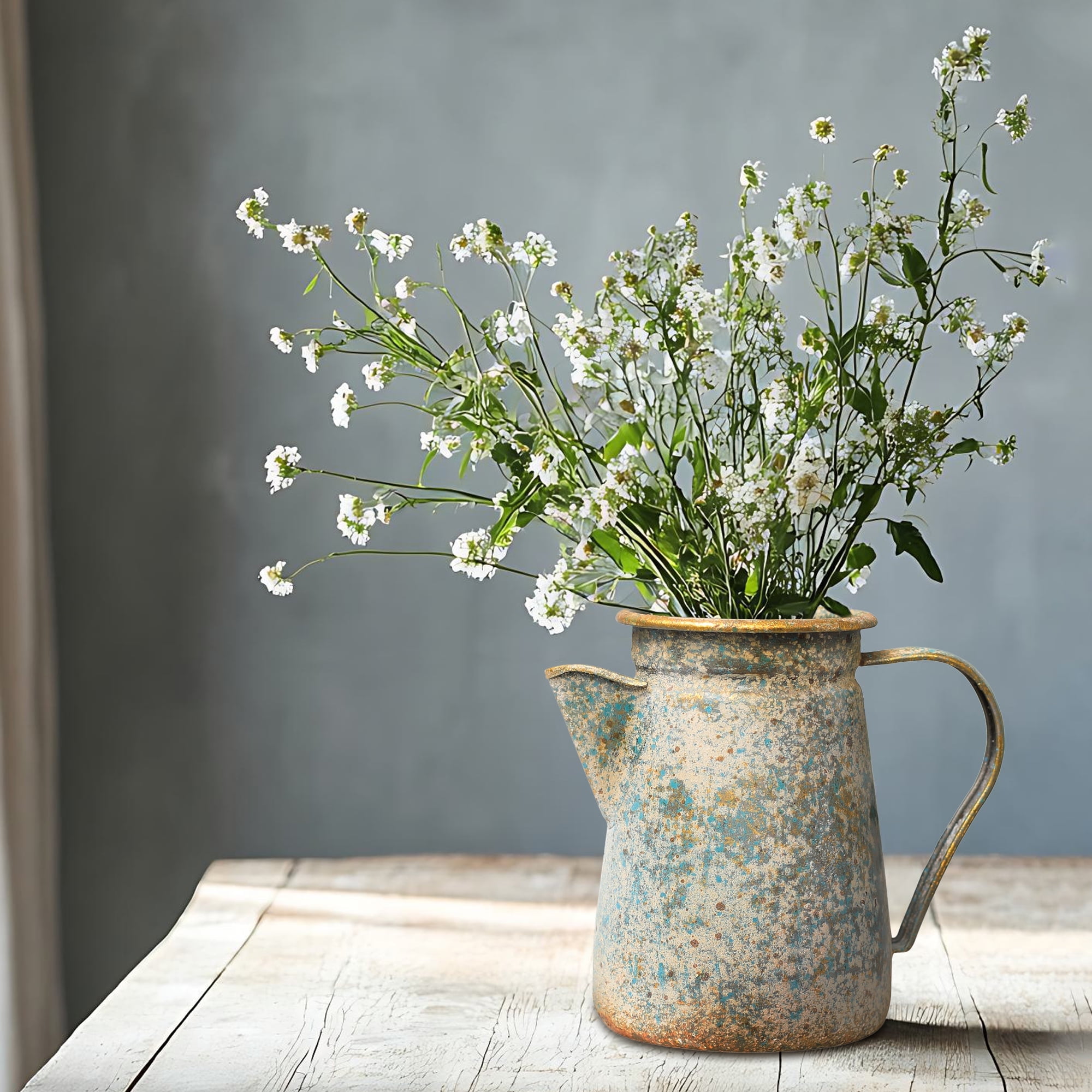 Vintage Metal Milk Jug Vase, 1L Small Rustic Flower Vase with Spout and ...