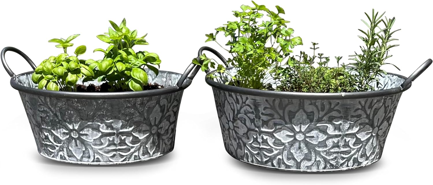 Rustic Metal Planters, Set of 2, Floral Pattern, White Washed Finish ...