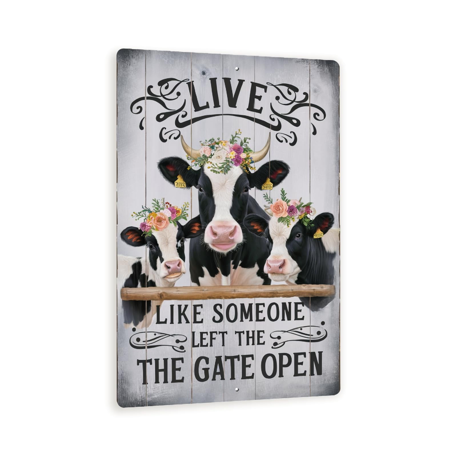 Rustic Metal Sign with Three Floral Crowned Cows - "Live Like Someone ...