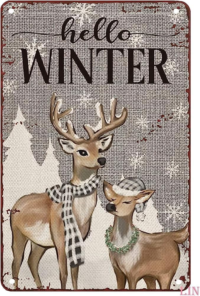 Rustic Metal Signs Hello Winter Reindeer Snowflake Garden Winter Rustic ...