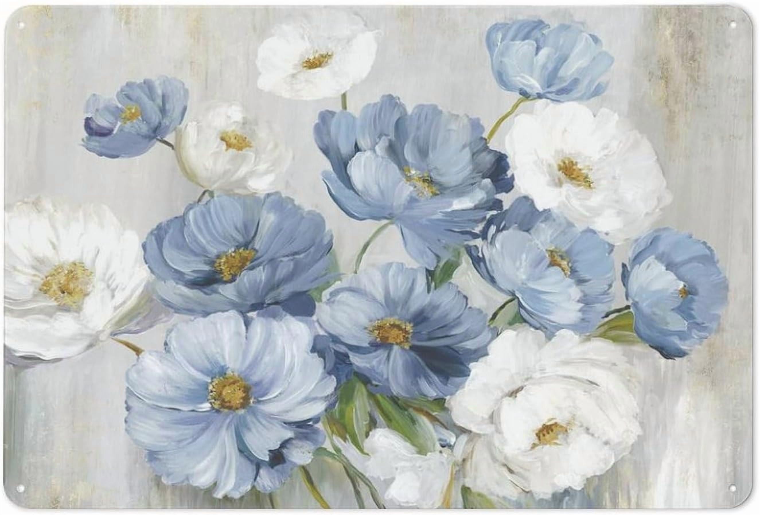 Rustic Metal Tin Sign Blue Flower Wall Art Floral Pictures Wall Decor ...