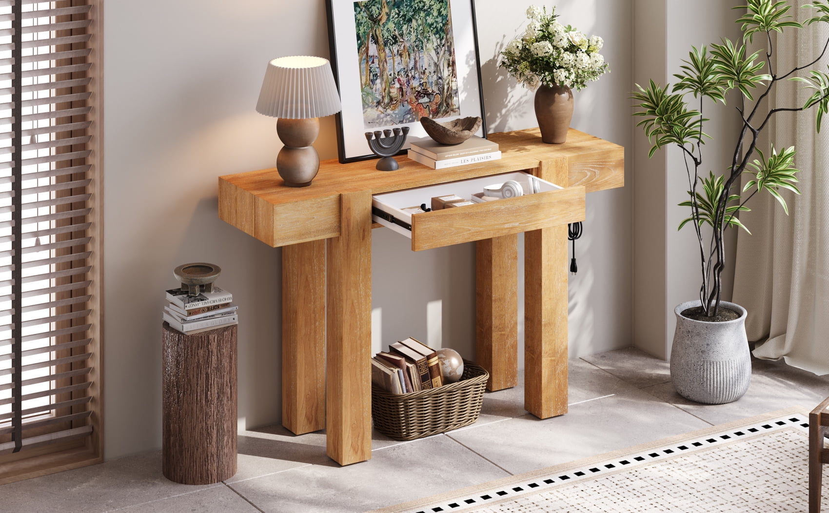 Rustic Minimalist Wood Console Table with Hidden Drawer and Side Power ...