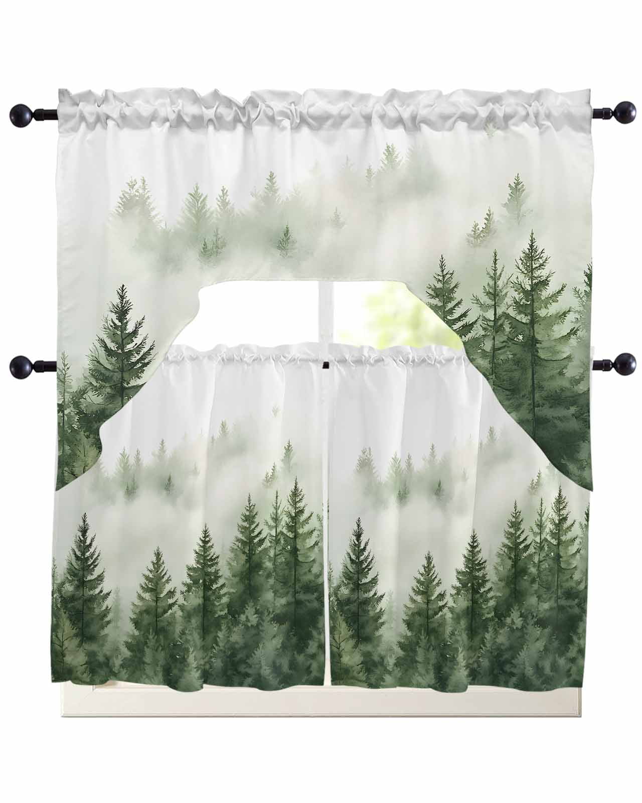 Rustic Mist Forest Kitchen Curtains Swag Valance and Tier Curtains Set ...