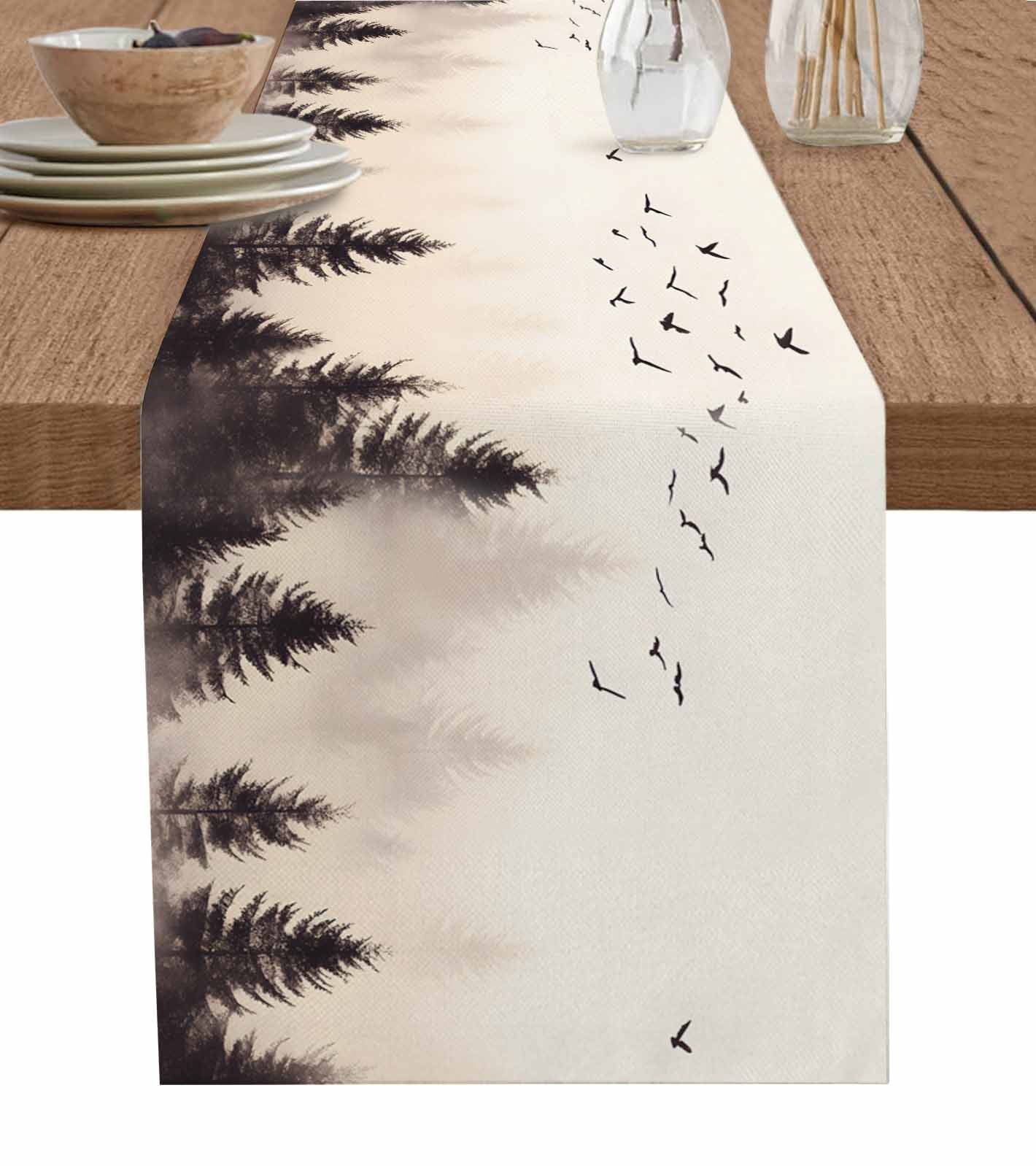 Rustic Mist Forest Table Runner 72 Inches, Vintage Watercolor Natural ...