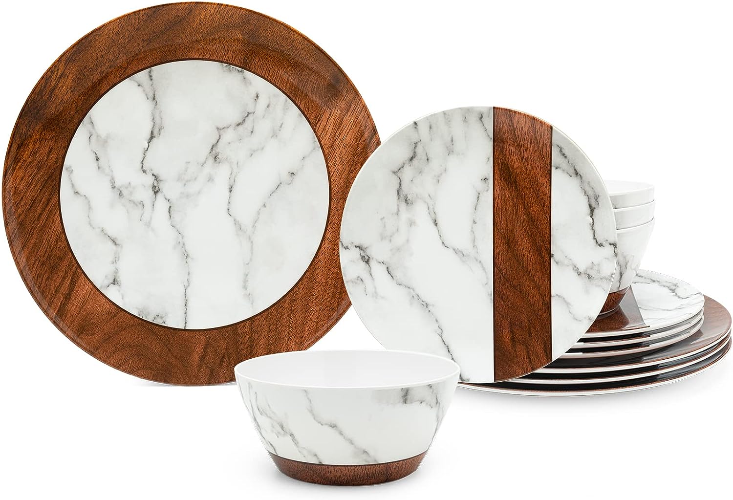 Rustic Modern Melamine Dinnerware Sets, Marble 12-Piece Lightweight ...