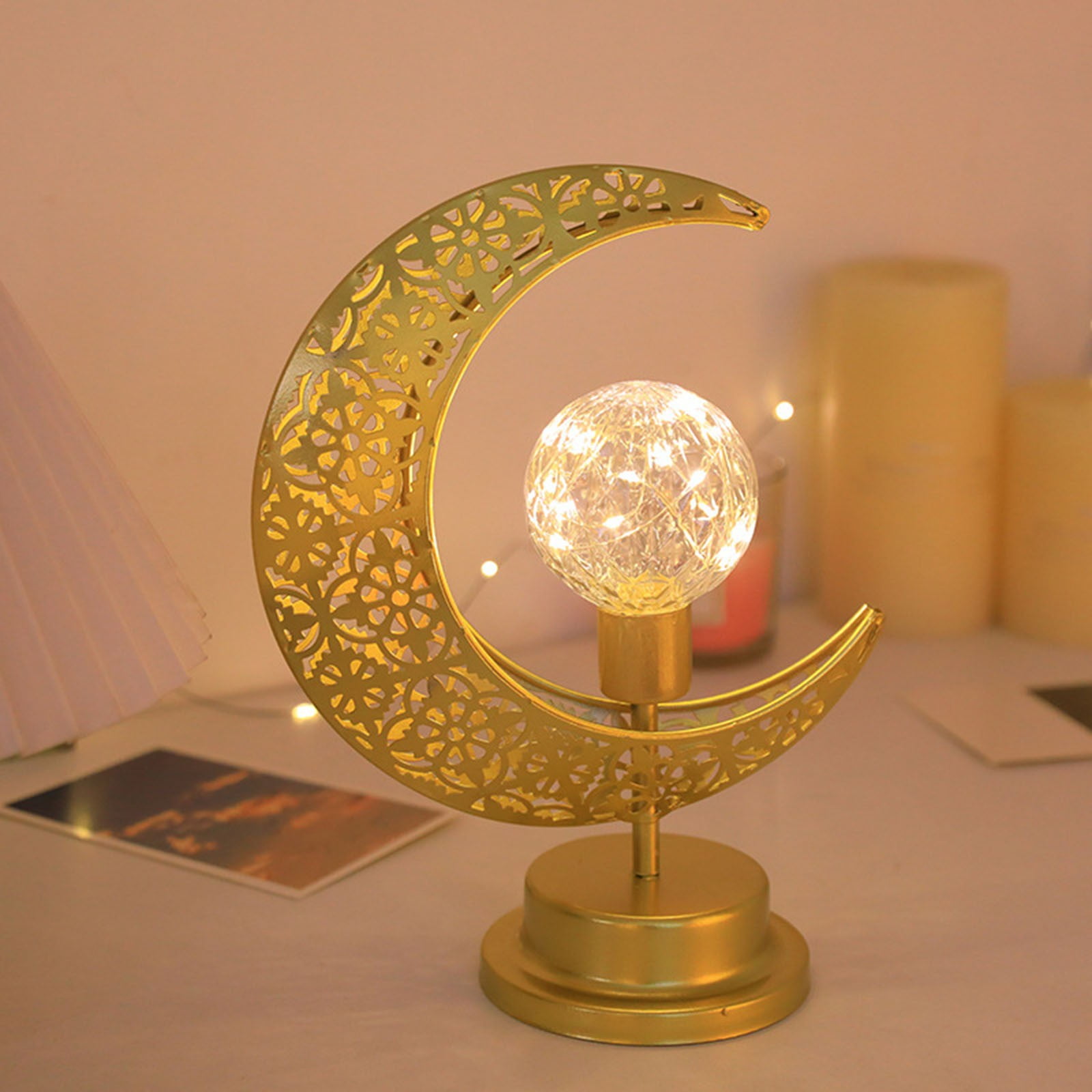 Rustic Moon Lamp for Ramadan Decorations,Battery Operated Metal Rattan ...