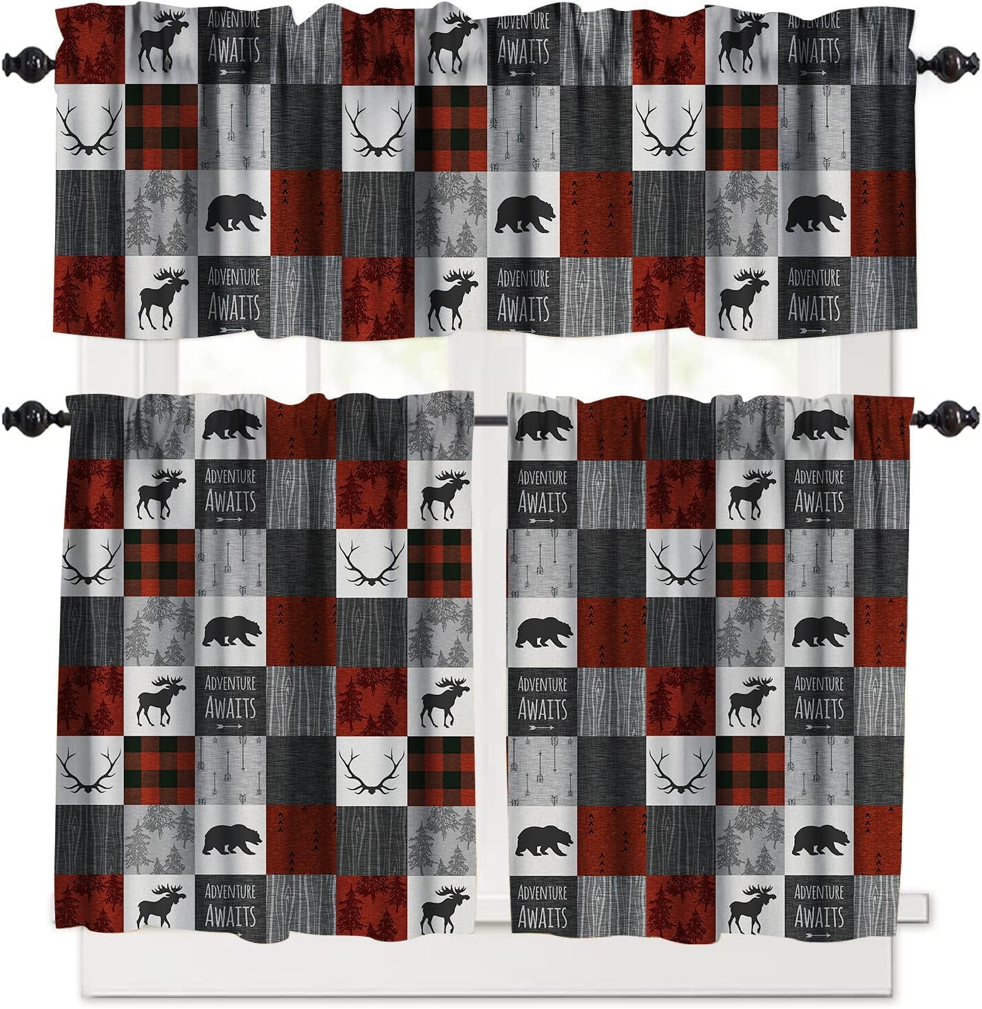 Rustic Moose Deer Bear Valance 3 Piece Set,Vintage Patchwork Rustic ...