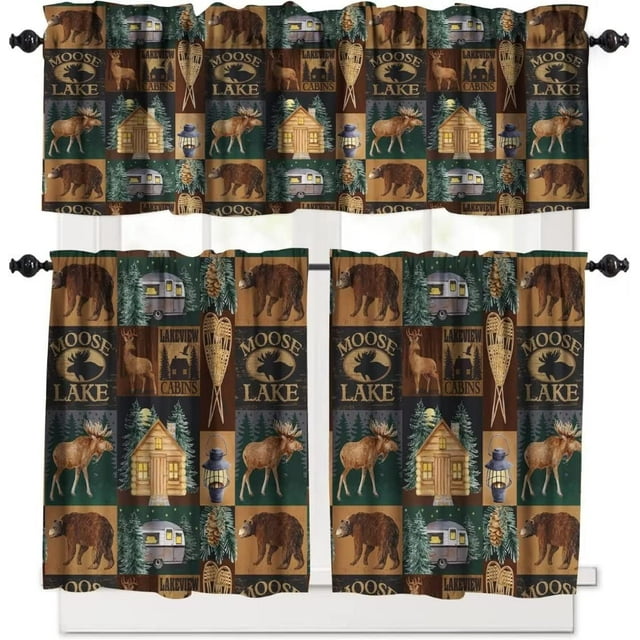 Rustic Moose Deer Curtain Set, Retro Rustic Vintage Bear Cottage ...