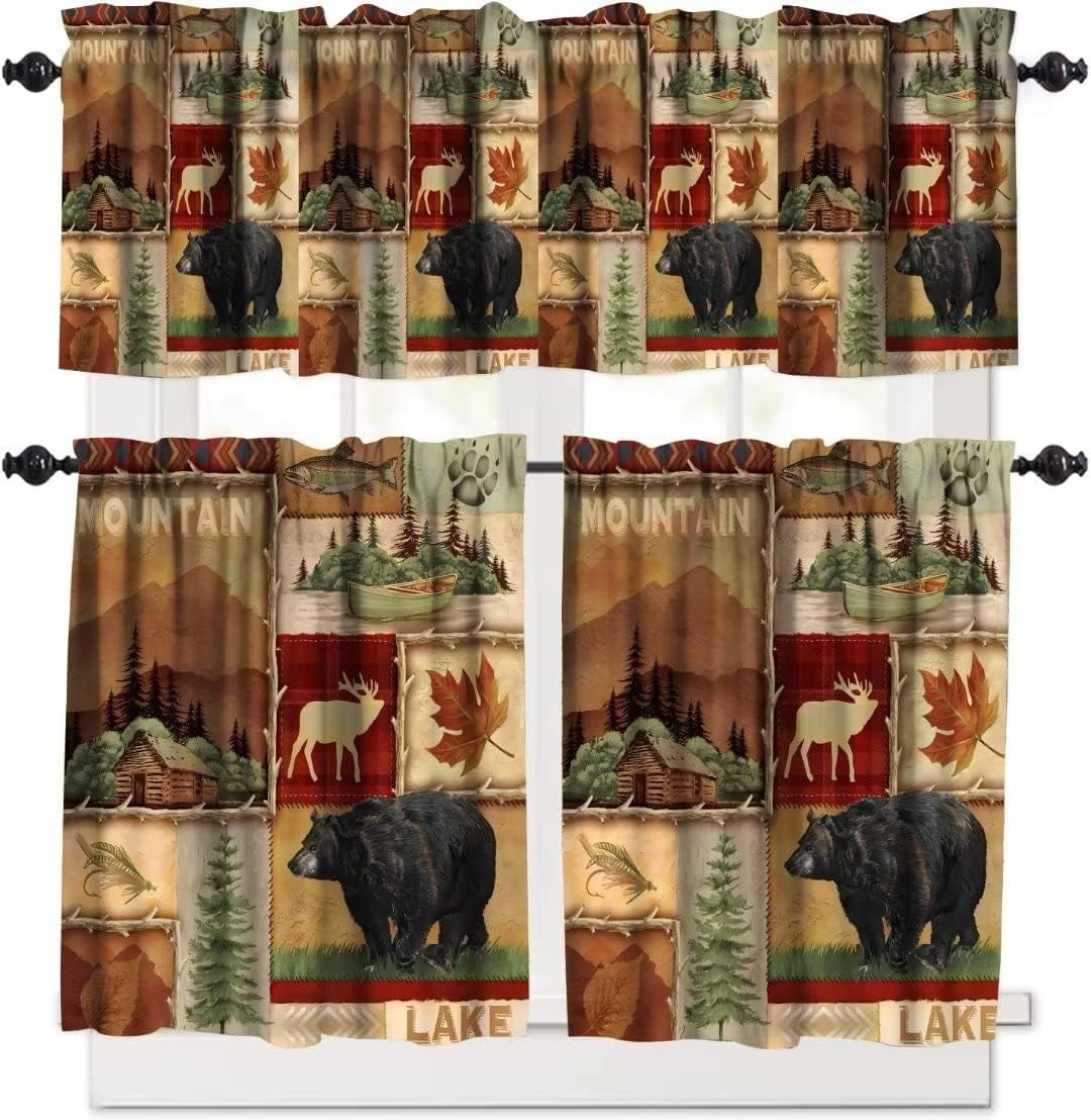 Rustic Moose Deer Curtain Set, Vintage Cottage Country Style Pine Tree ...